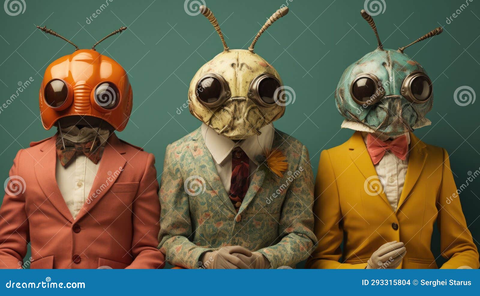 Three People Wearing Insect Masks and Suits, AI Stock Photo - Image of ...