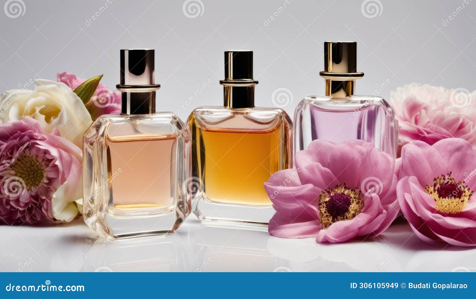 Three Perfume Bottles with Flowers in the Background Stock Illustration ...