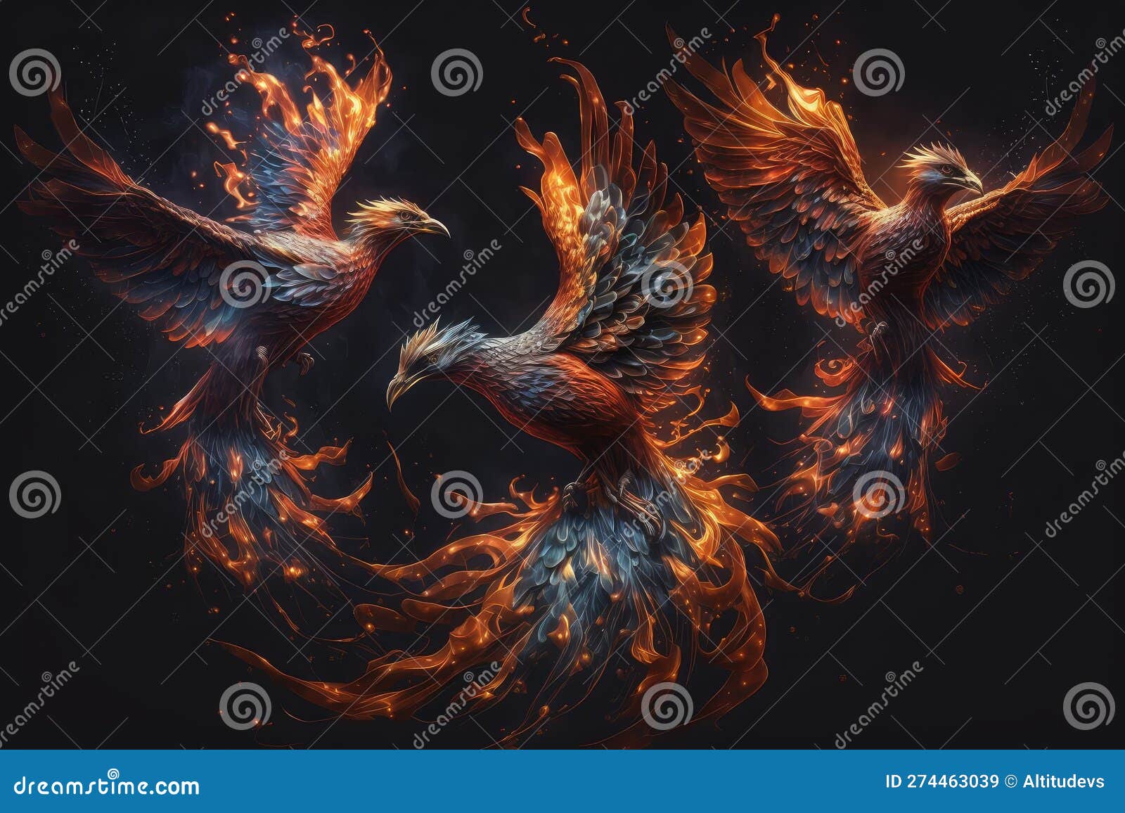 Three Phoenixes Flying in Formation, Feathers Ablaze Stock Illustration ...