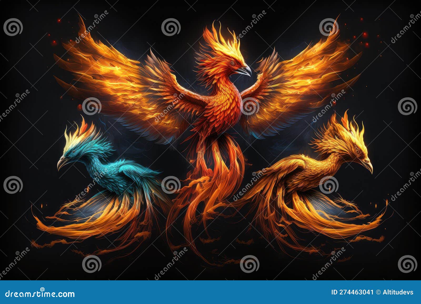 Three Phoenixes Flying in Formation, Feathers Ablaze Stock Illustration ...