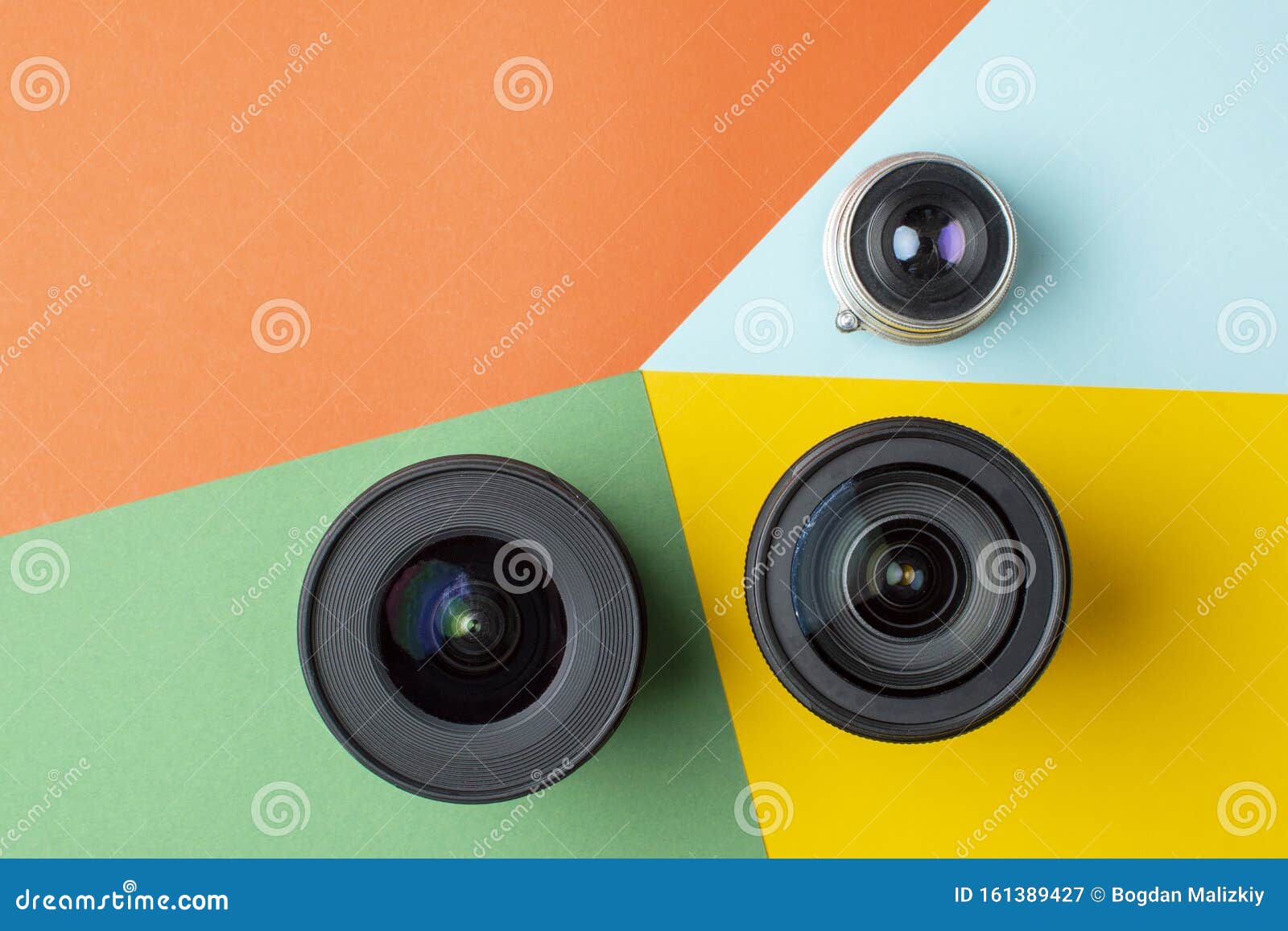 Three Photo Lenses, on a Colored Background, a Set of Photo Devices for ...