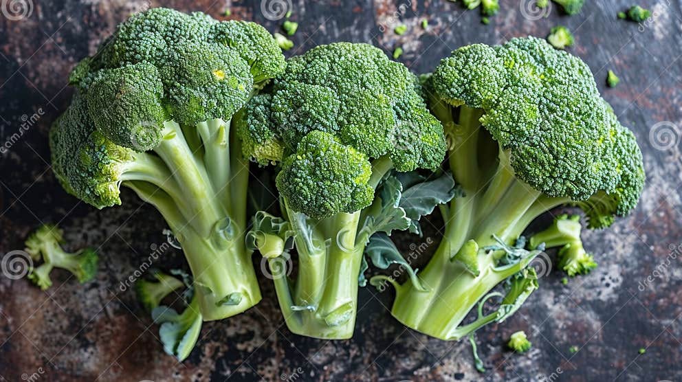 Three Pieces of Broccoli are Sitting on a Table with Some Leaves, AI ...
