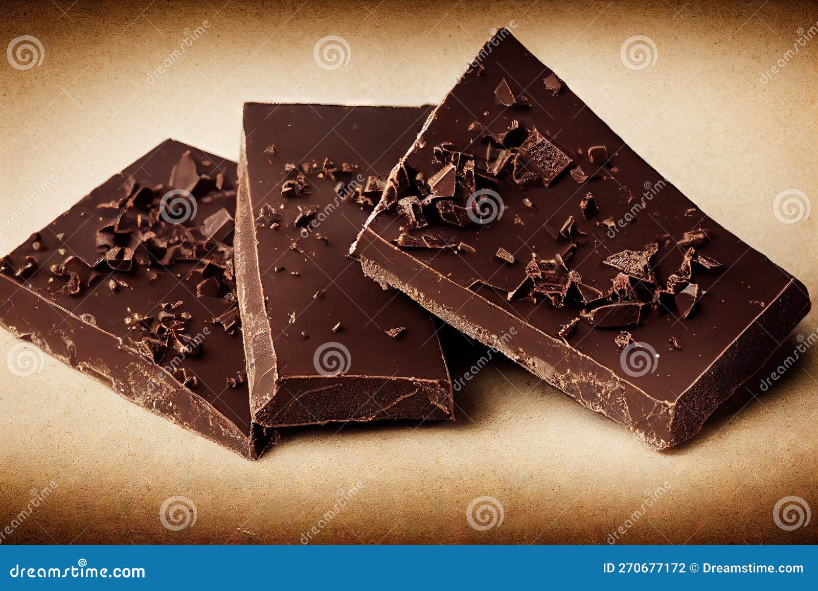 Three Pieces from Chocolate Bar with Chocolate Chips on Beige ...