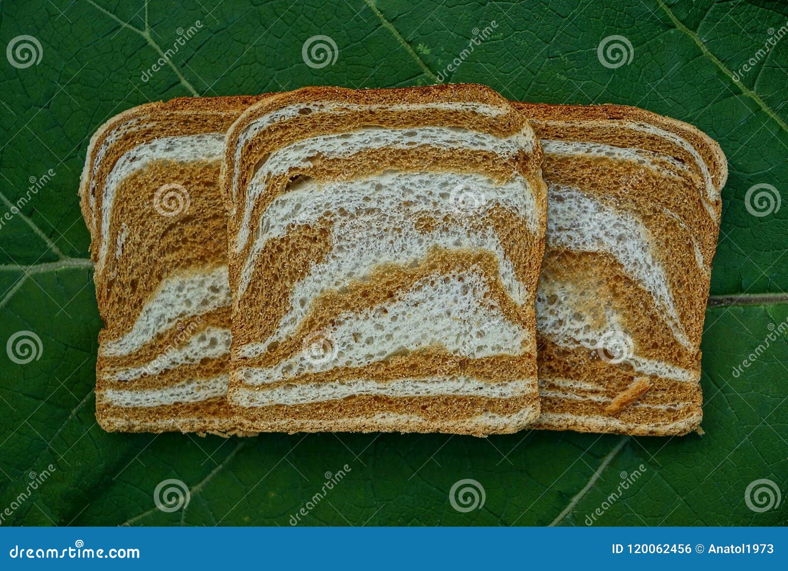 Three Pieces of Square Colored Bread on a Green Leaf Stock Photo ...