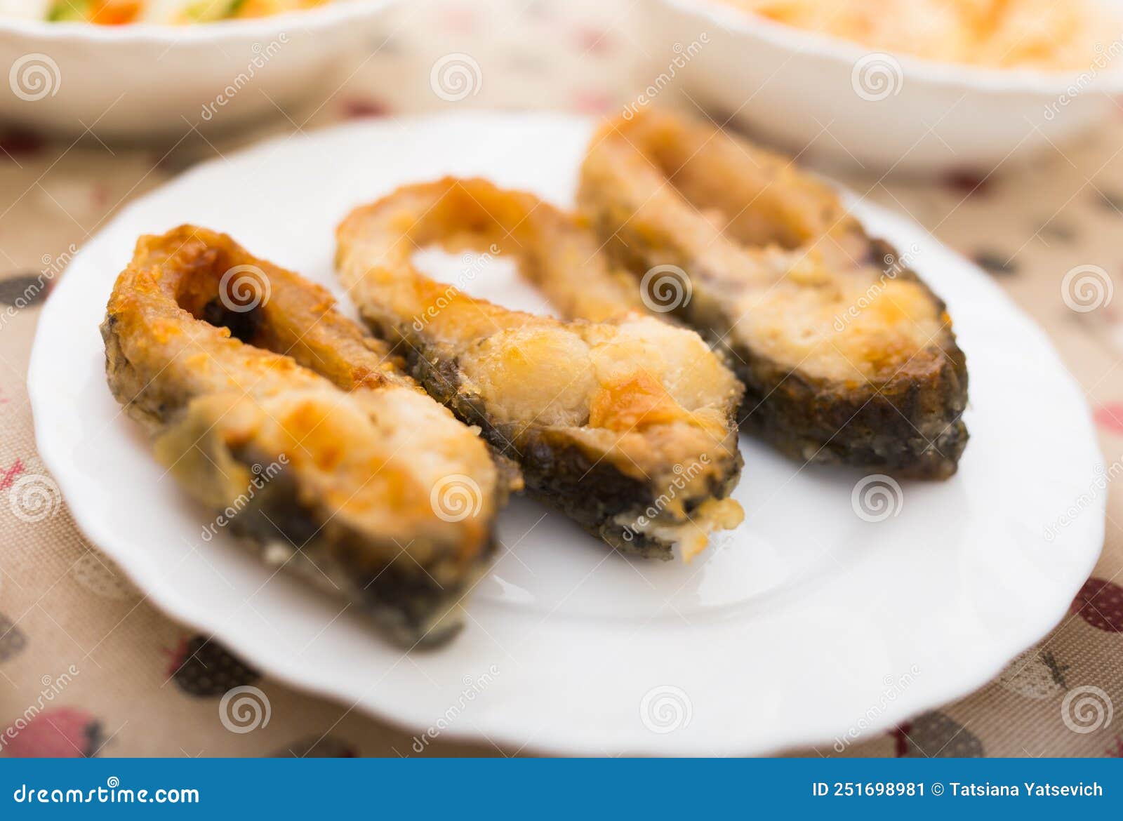 Three Pieces of Fried Carp on a White Plate Stock Image - Image of ...