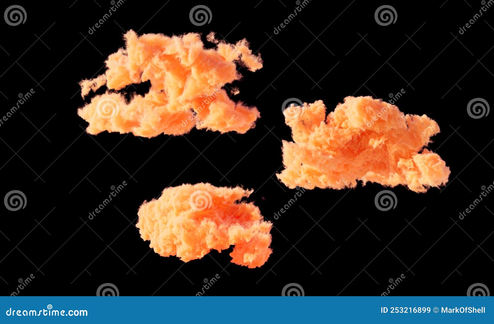 Three Pieces Orange Clouds, Isolated Clouds on Black Background, 3d ...