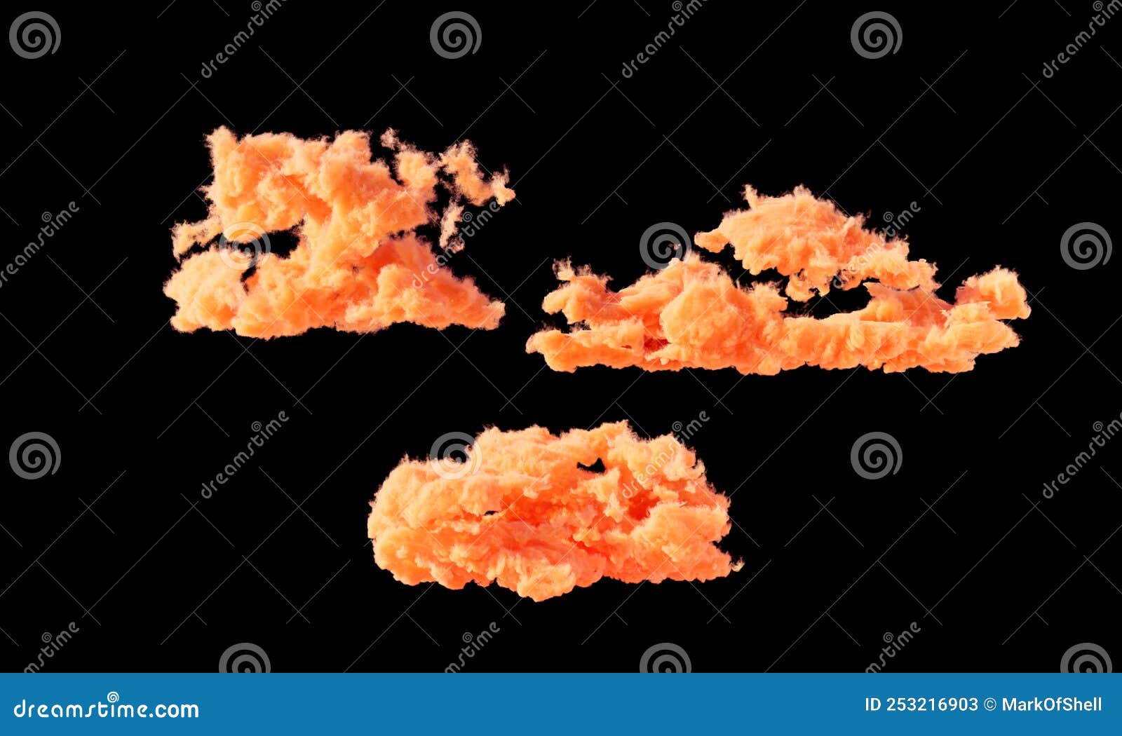 Three Pieces Orange Clouds, Isolated Clouds on Black Background, 3d ...