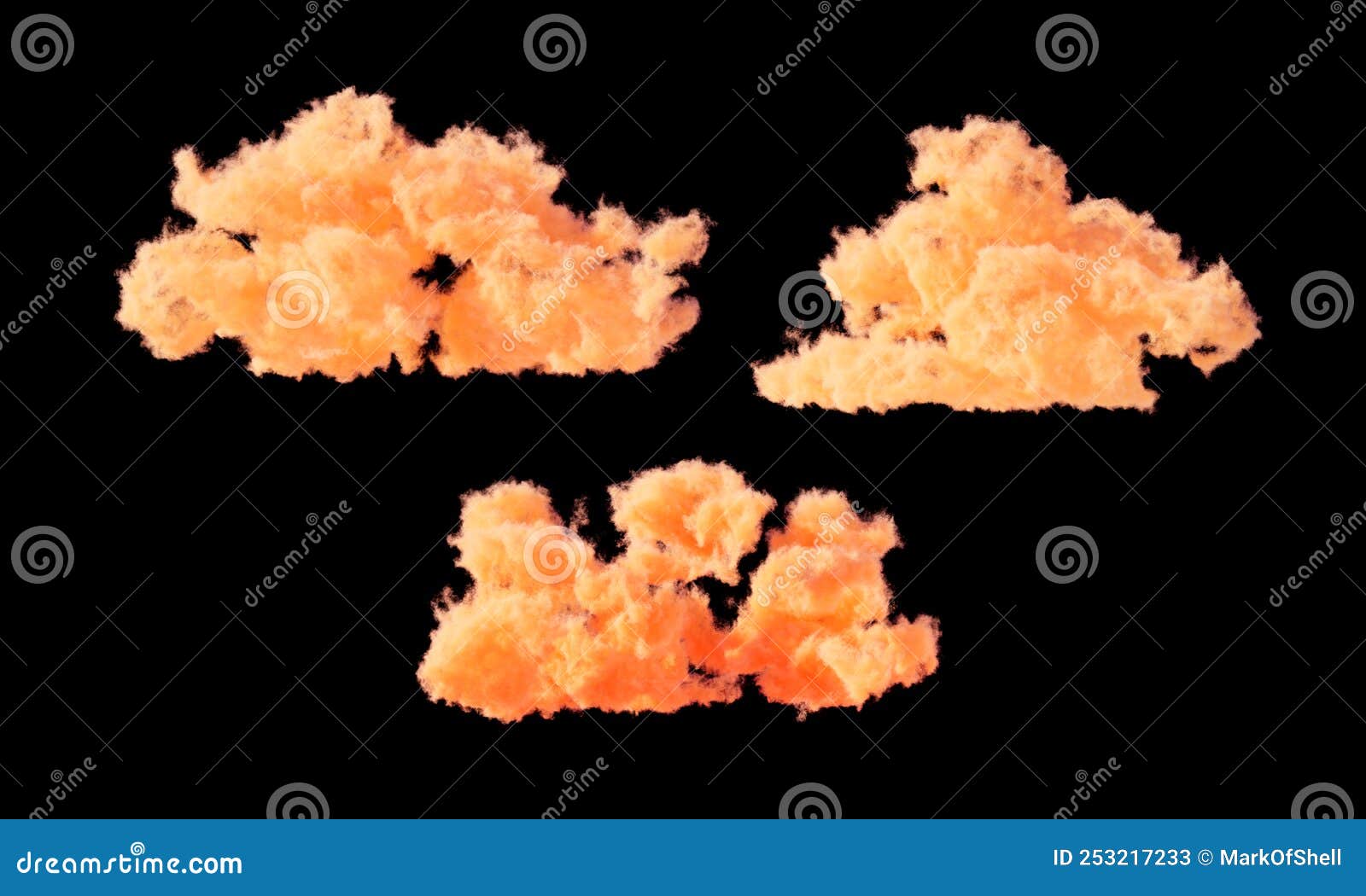 Three Pieces Orange Clouds, Isolated Clouds on Black Background, 3d ...