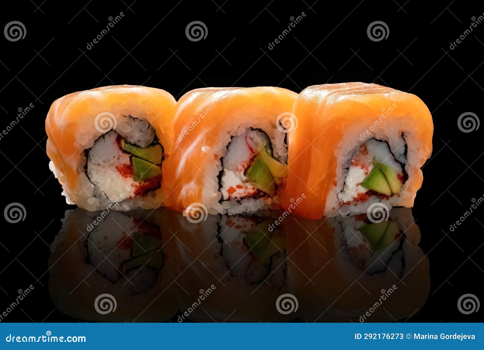 Three Pieces of Sushi on a Reflective Black Surface. Asian Cuisine ...