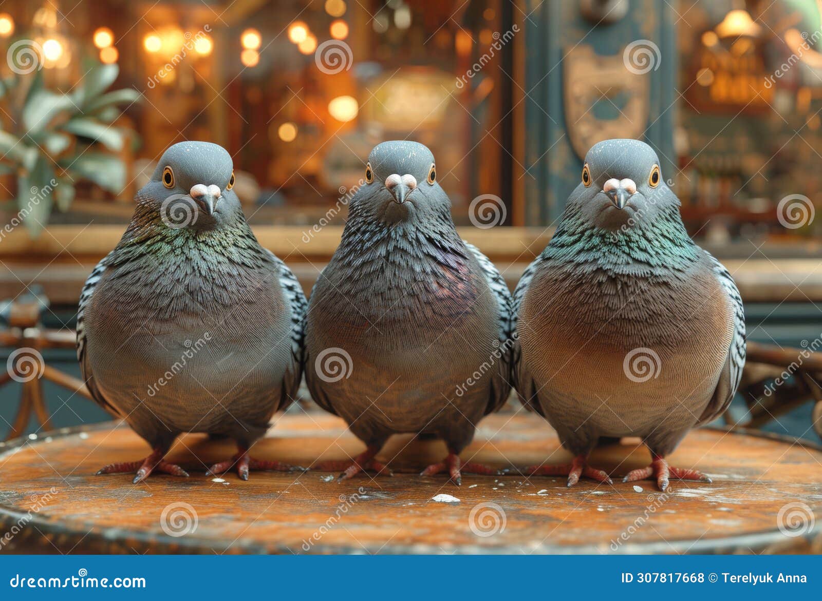 Three Pigeons Sit on Table in Cafe Stock Photo - Image of looking, blue ...