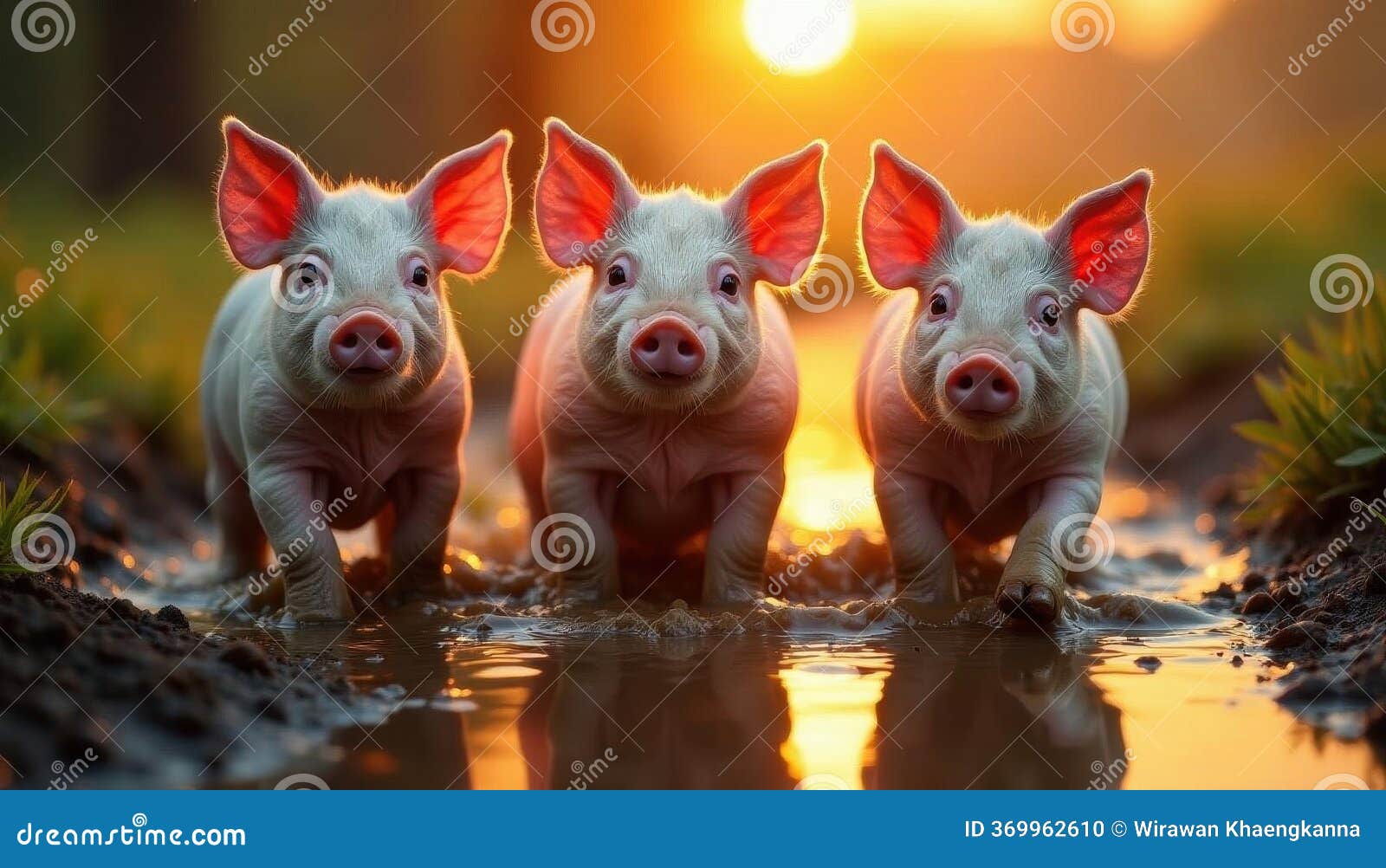 Pigs In A Mud Puddle At The Farm. Cute Pig And Piglet Farm Animals In ...