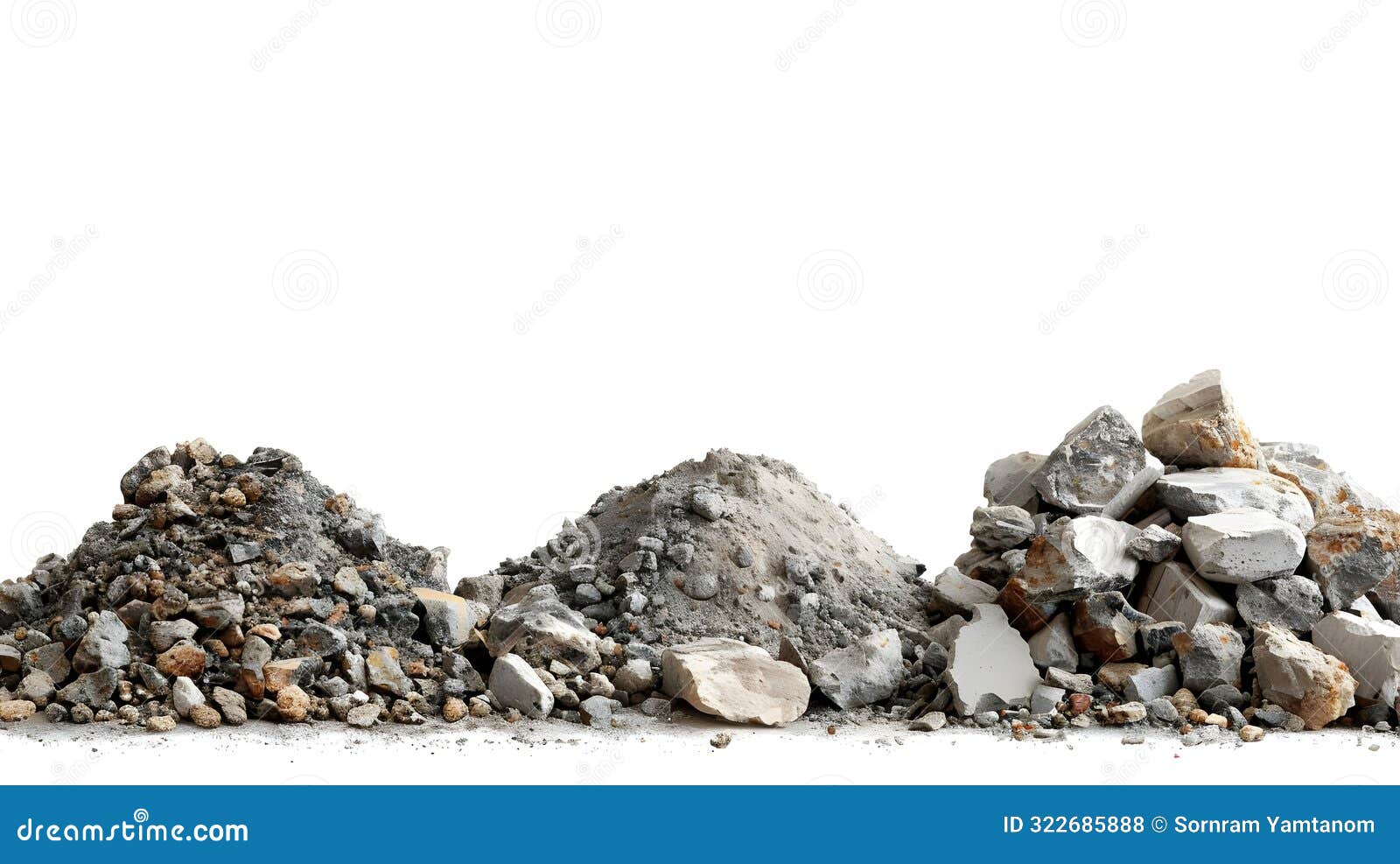 Three Piles of Construction Rubble Over Isolated White Background Stock ...