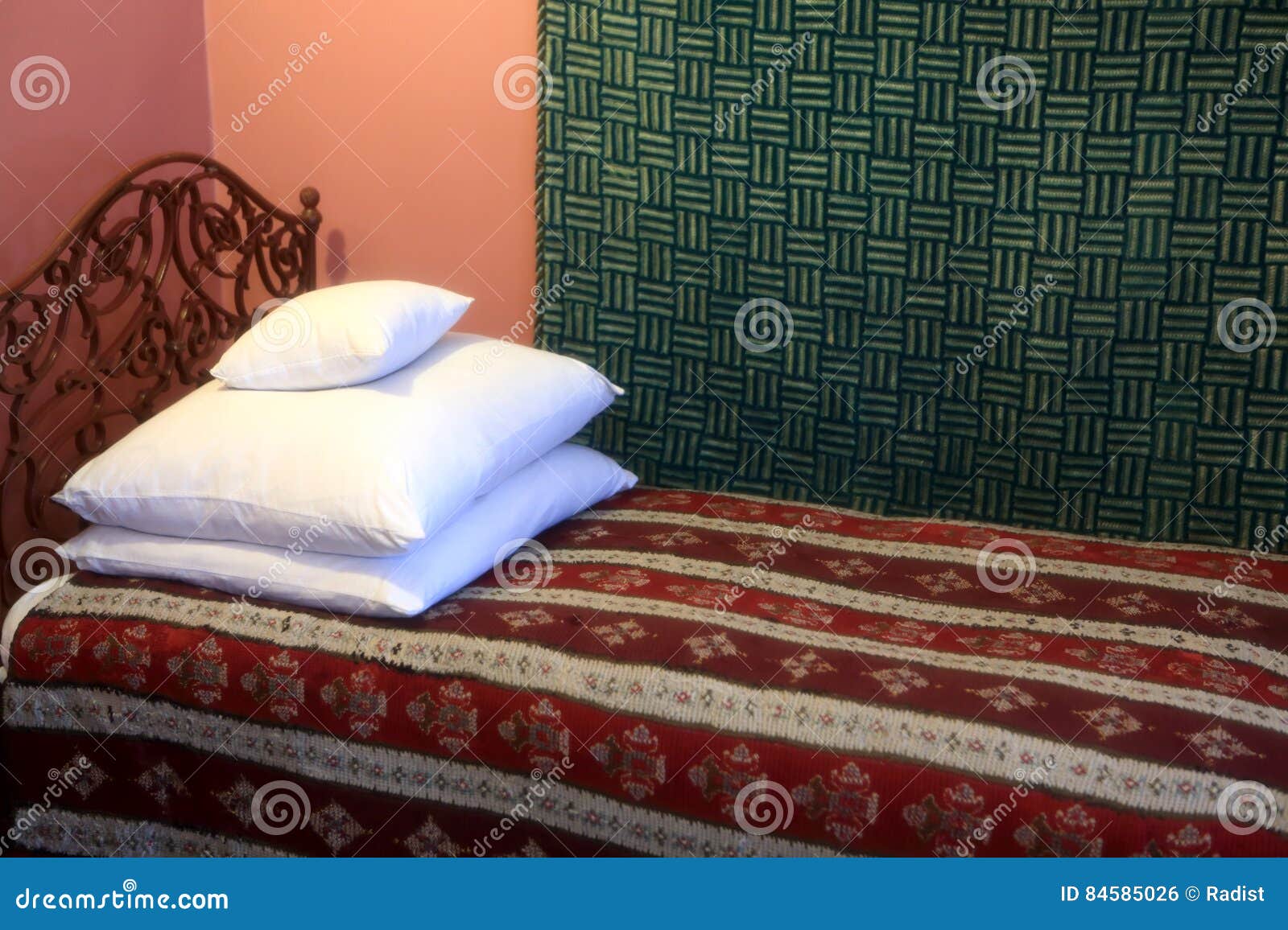 Three pillows on bed stock photo. Image of blanket, linen - 84585026