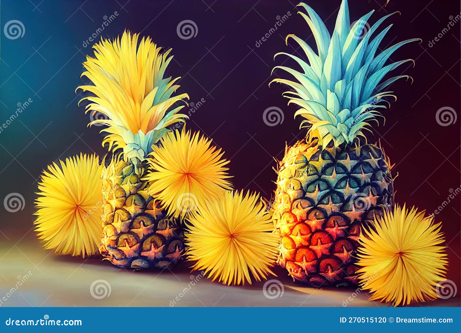 Three Pineapples with Yellow Flowers on a Table Top with a Black ...