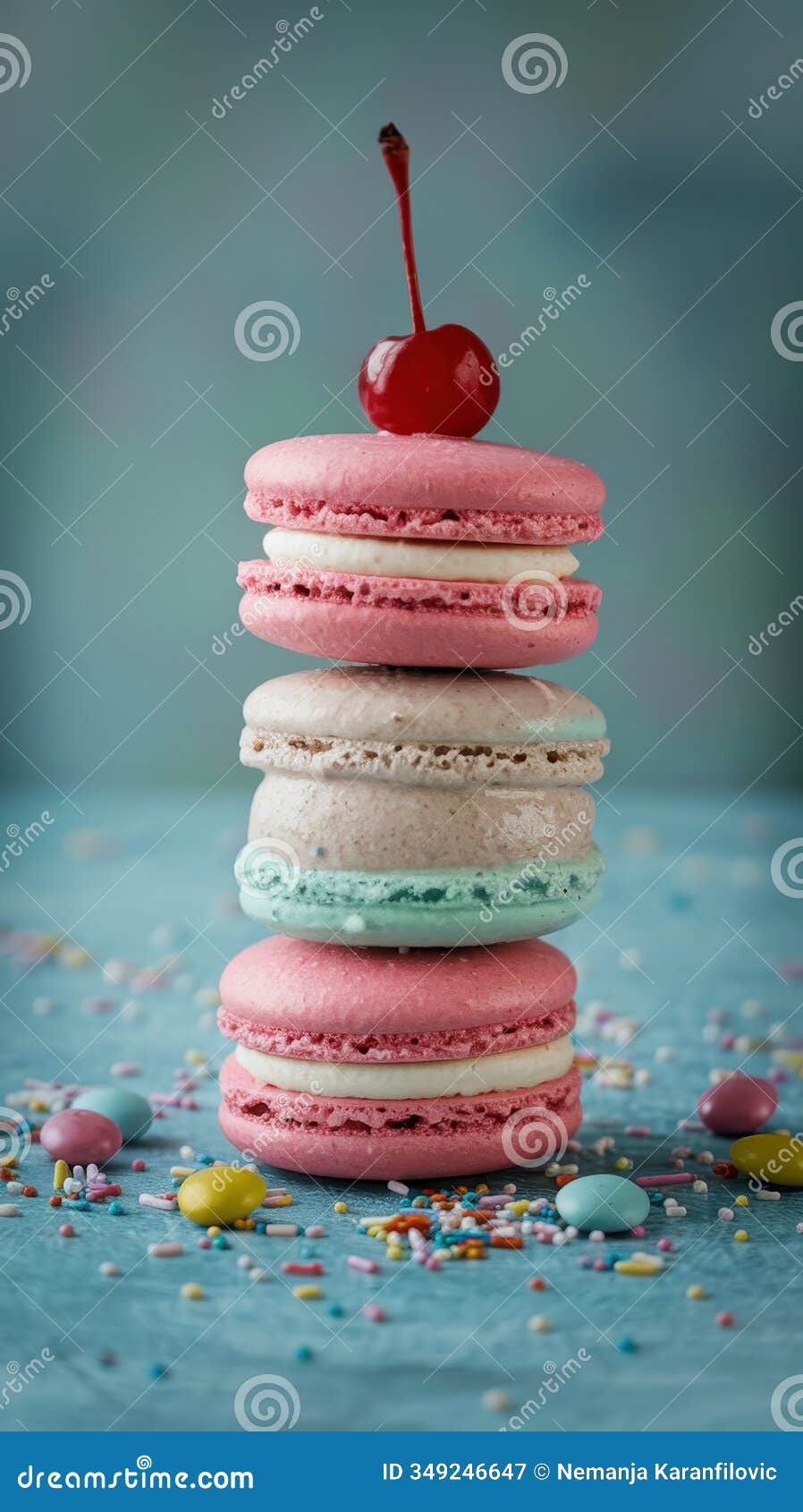 Three Pink and Blue Macarons Stacked on Top of Each Other Stock ...