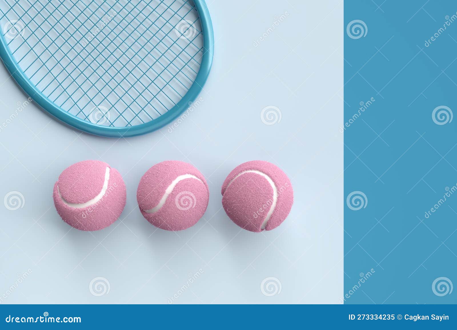 Three Pink Colored Tennis Balls and a Tennis Racket on Blue Background ...
