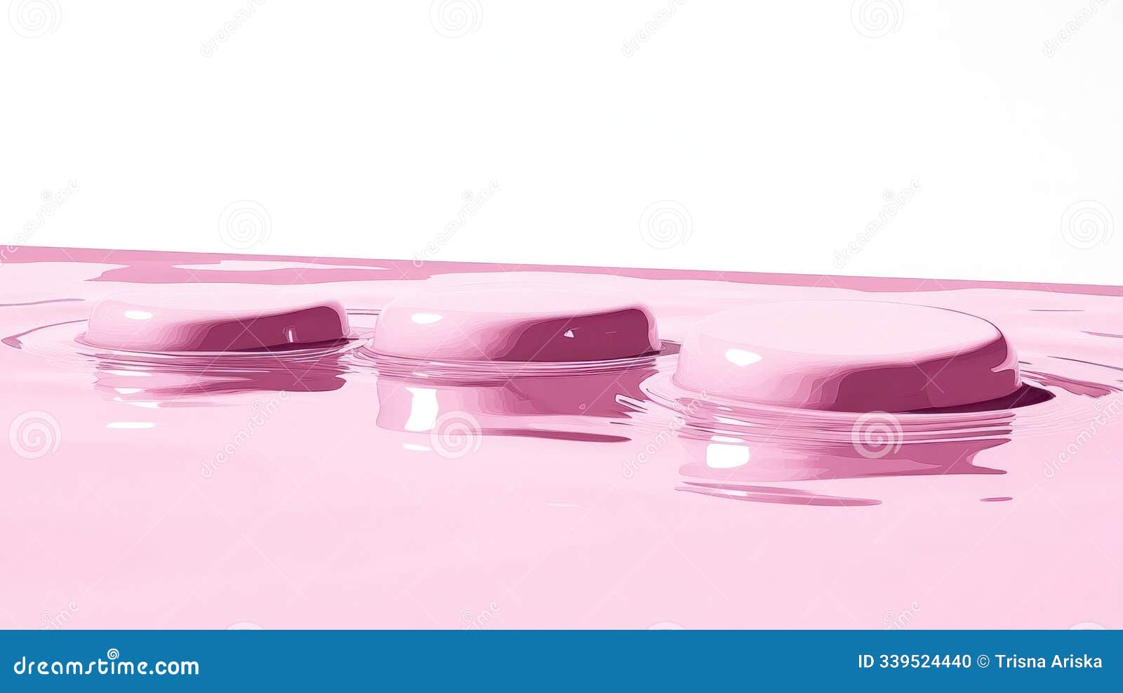 Three Pink, Glossy Objects Partially Submerged in a Reflective Pink ...