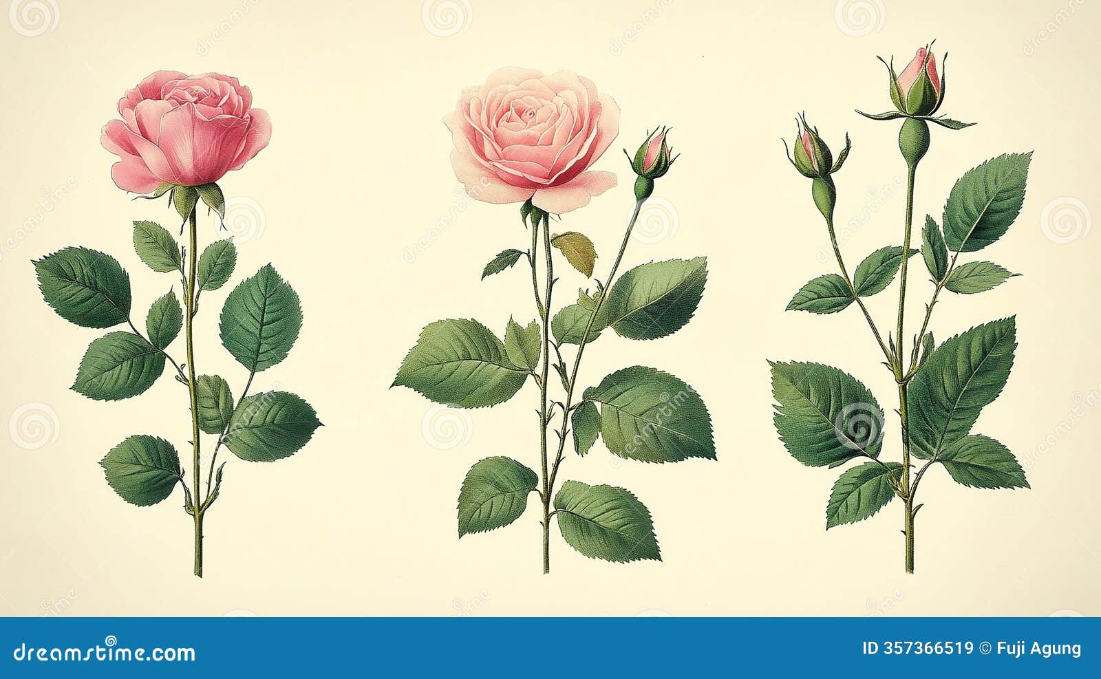 Three Pink Roses in Various Stages of Bloom, Detailed Botanical ...