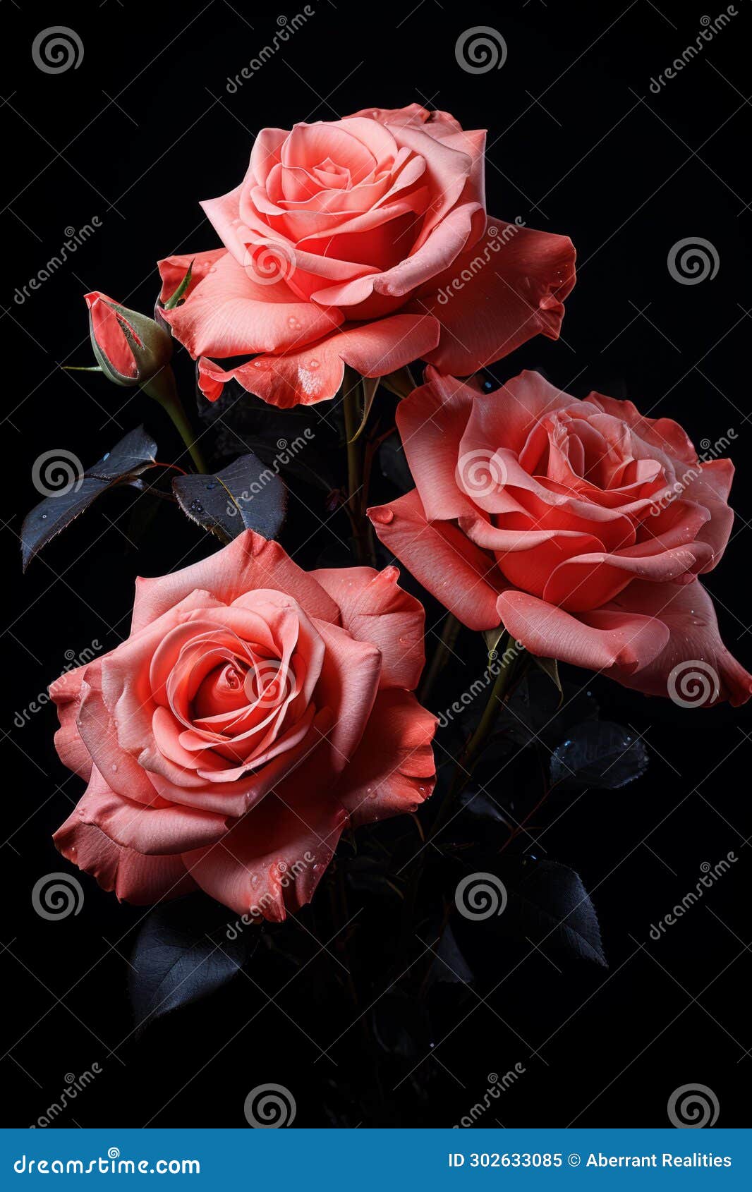 Three Pink Roses are in a Vase on a Black Background Stock Illustration ...
