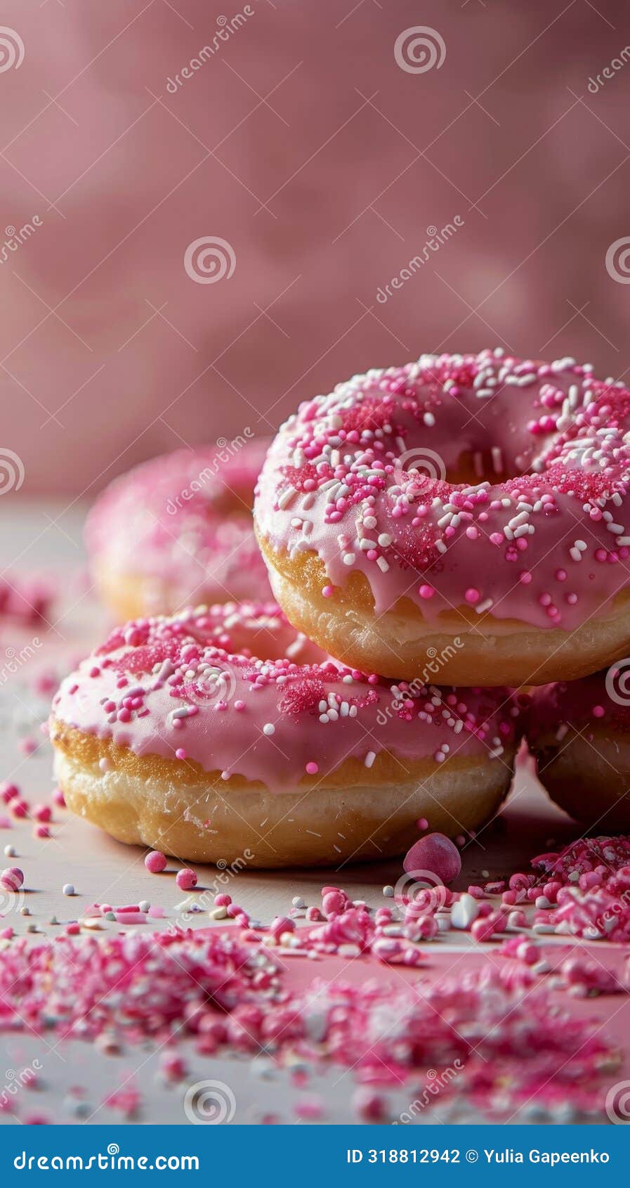 Three Pink Sprinkled Donuts on Pink Surface Stock Photo - Image of pink ...