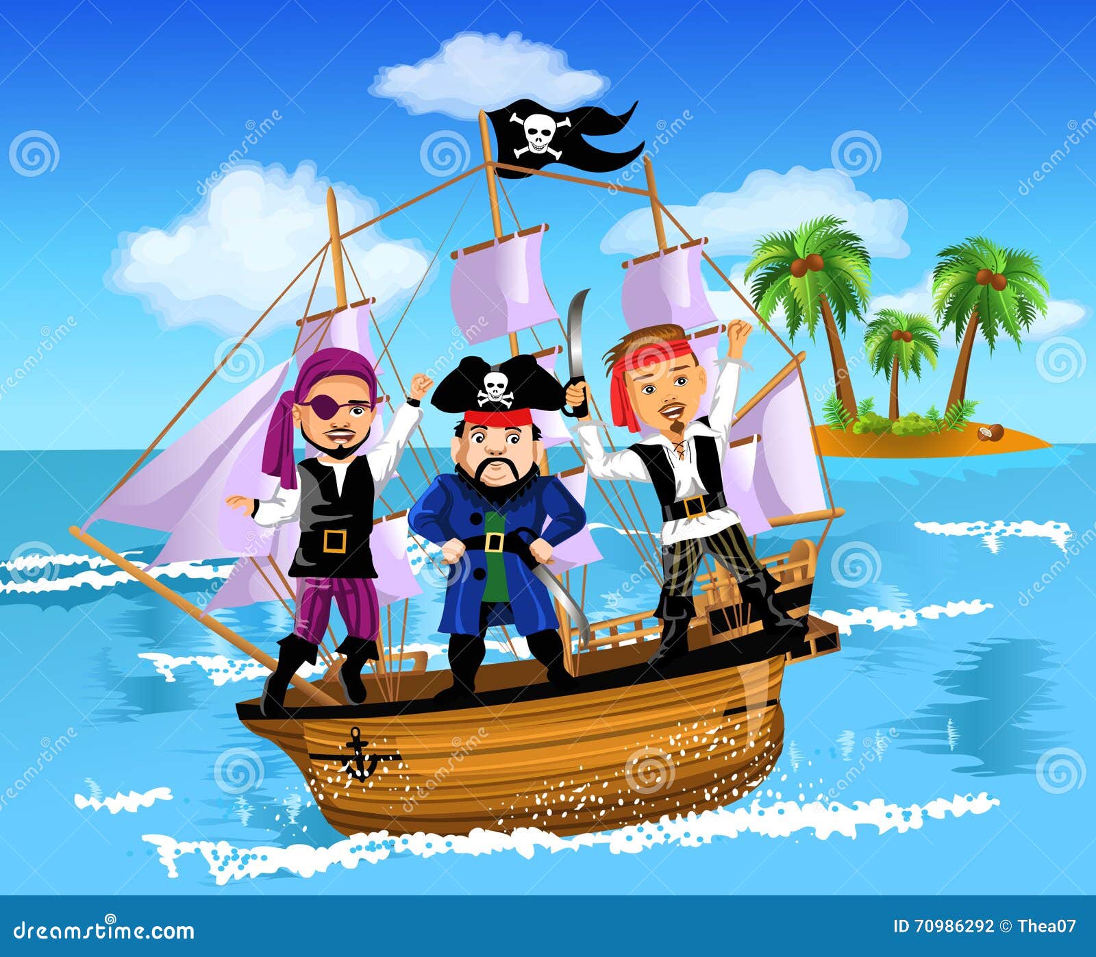 Three Pirates on a Ship in the Middle of the Ocean Stock Vector ...