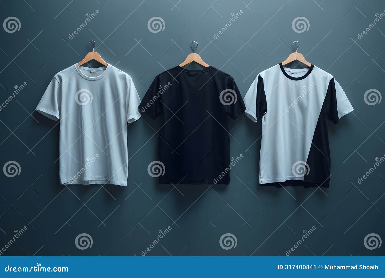 Three Plain T-shirts Displayed in Front, Back, and Side Angles on Gray ...