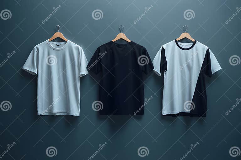 Three Plain T-shirts Displayed in Front, Back, and Side Angles on Gray ...