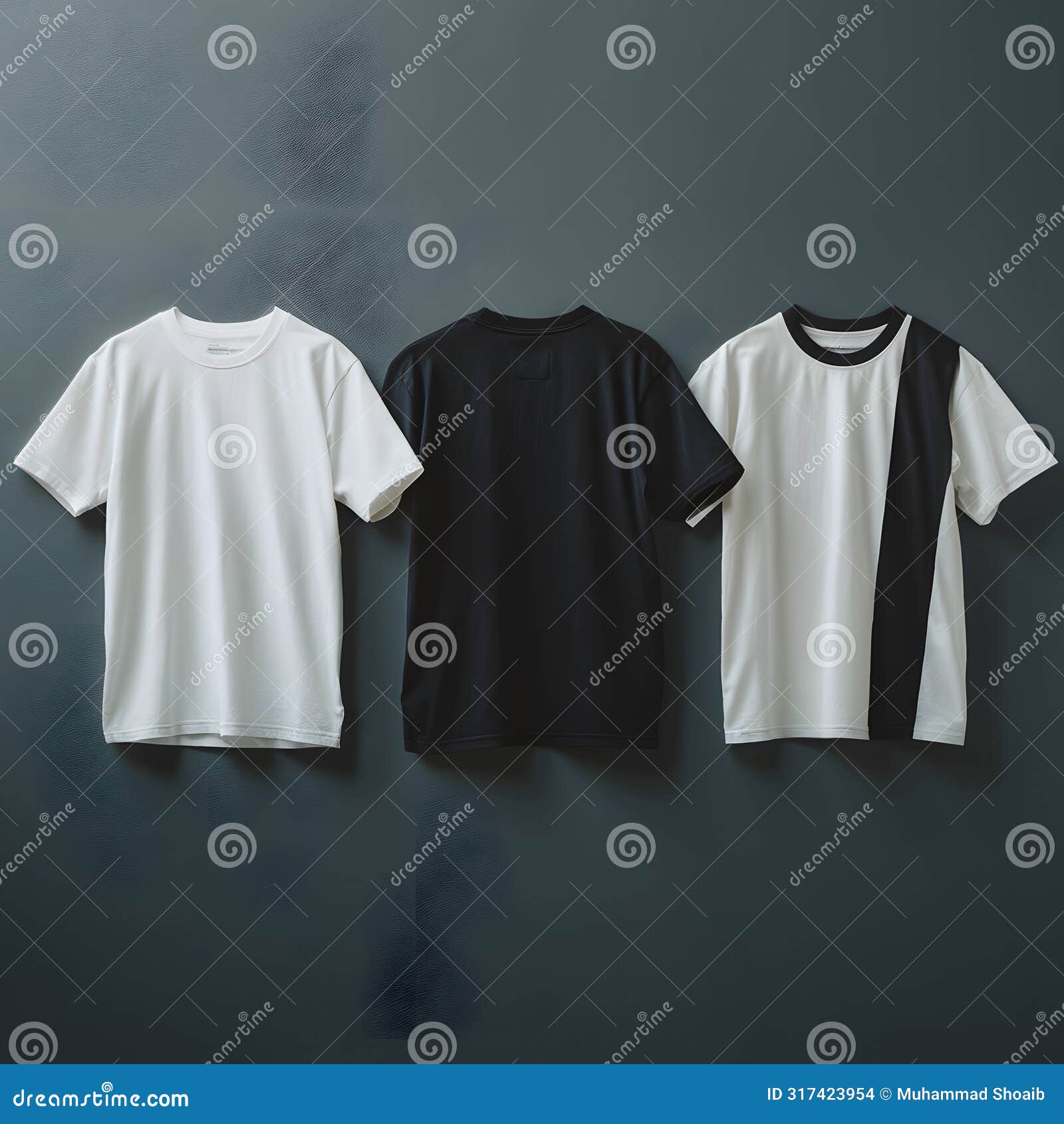 Three Plain T-shirts Displayed in Front, Back, and Side Angles on Gray ...
