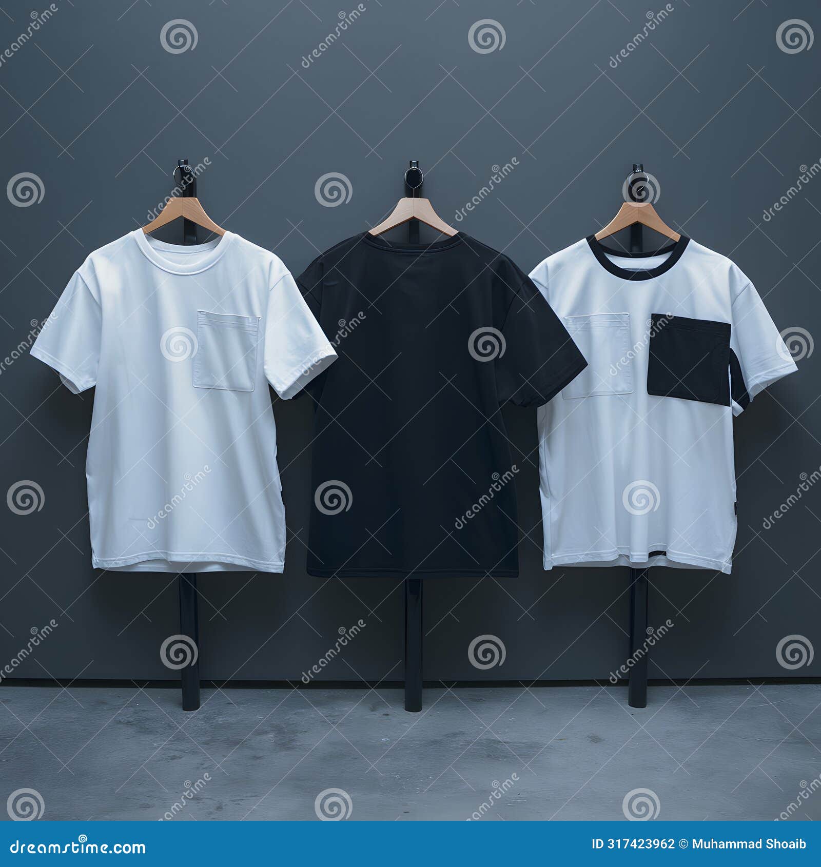 Three Plain T-shirts Displayed in Front, Back, and Side Angles on Gray ...
