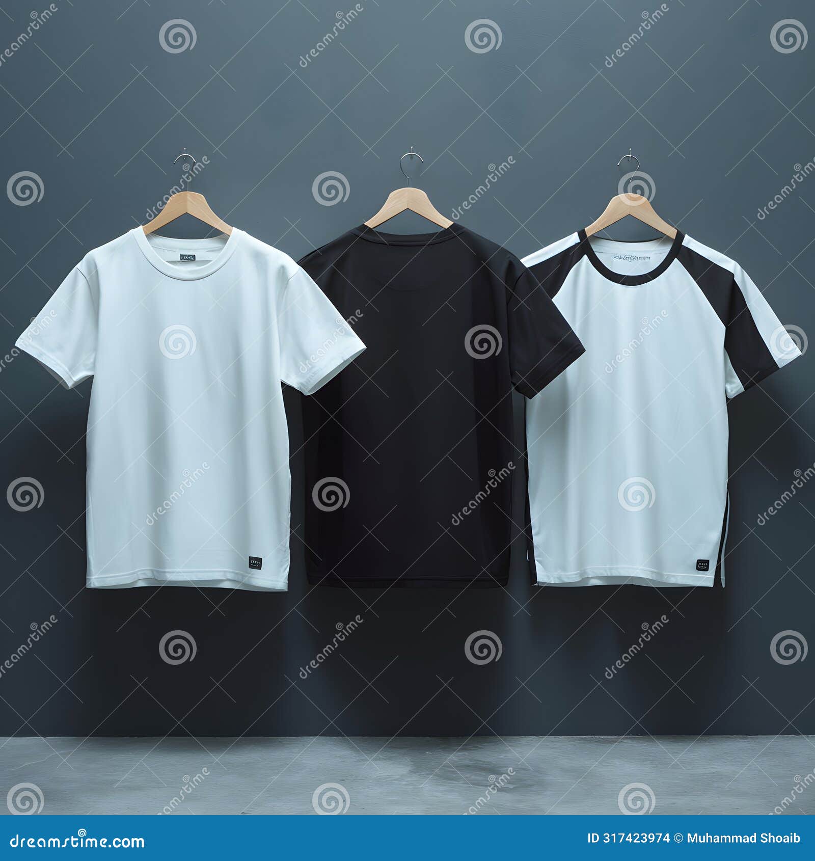 Three Plain T-shirts Displayed in Front, Back, and Side Angles on Gray ...