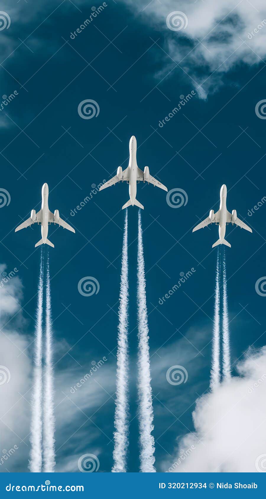 Three Planes Flying High in a Blue Sky with White Engine Trails Stock ...
