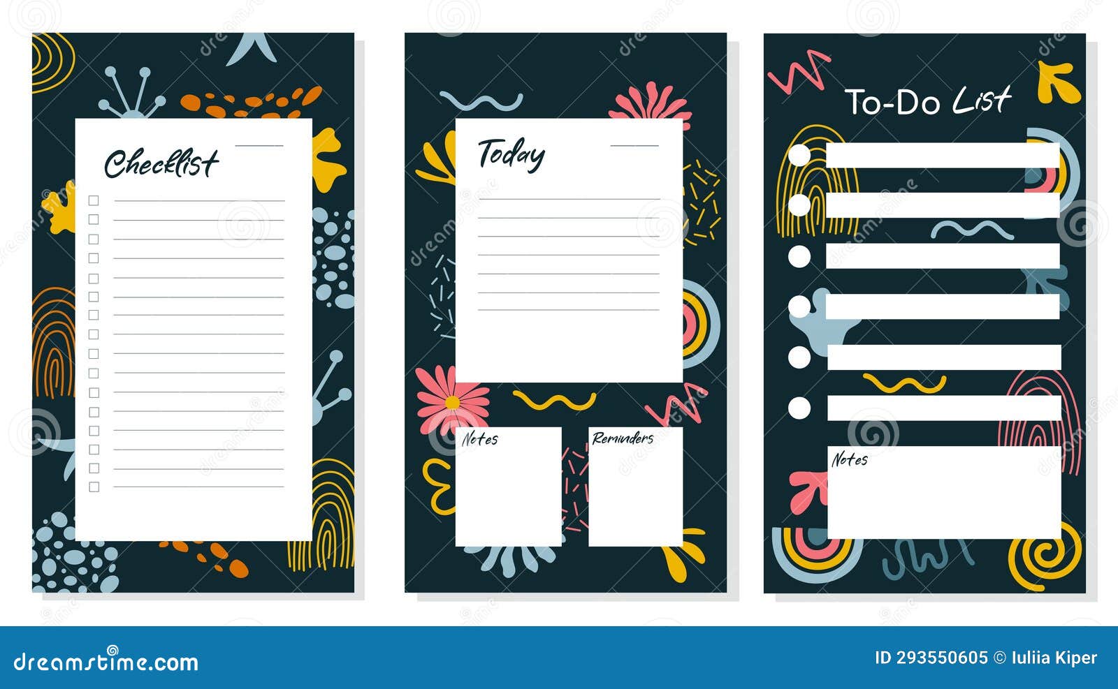 Three Planner Pages with Hand Drawn Abstract Elements. Vector To-do ...