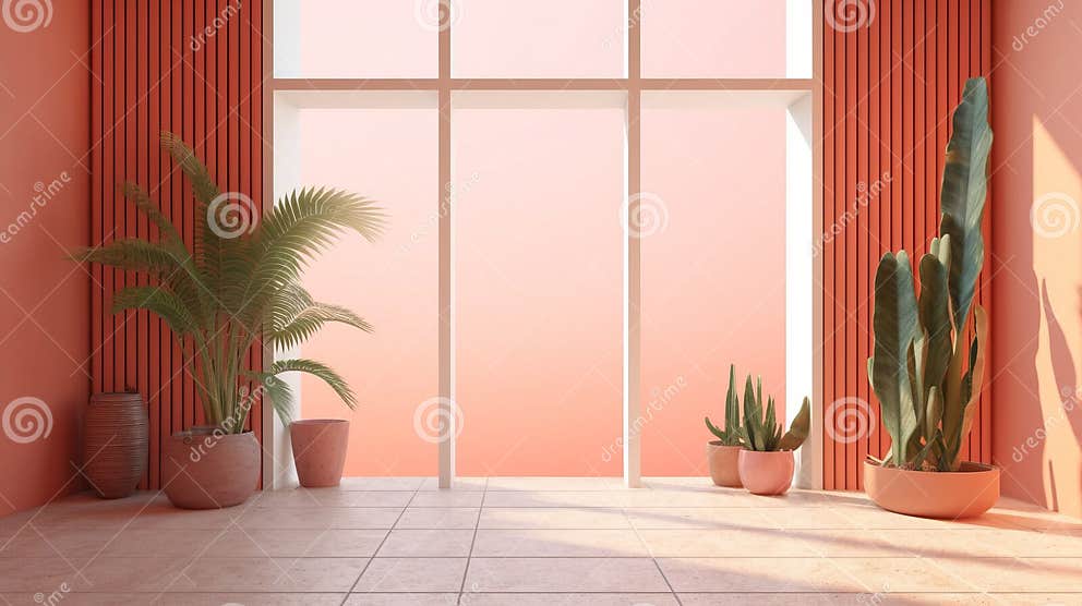 Minimalist 1980s Window with Potted Cacti Indoor Room Stock ...
