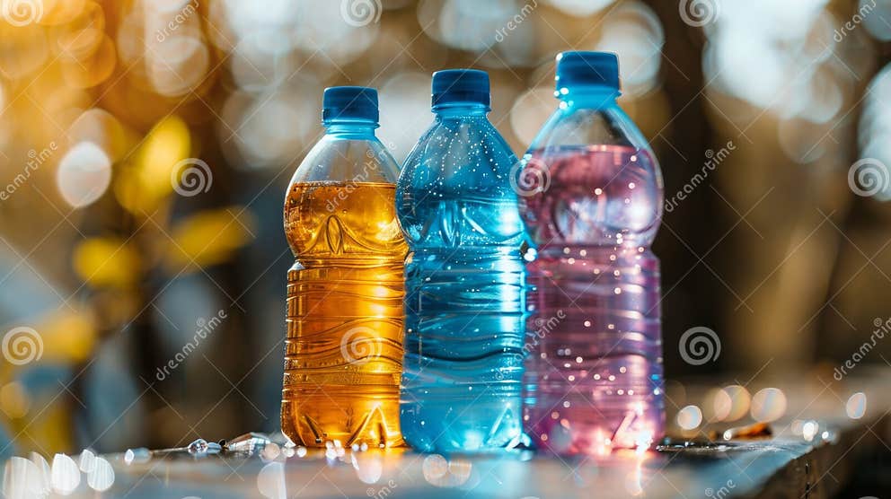 Three Plastic Bottles of Different Colored Beverages on a Wooden ...