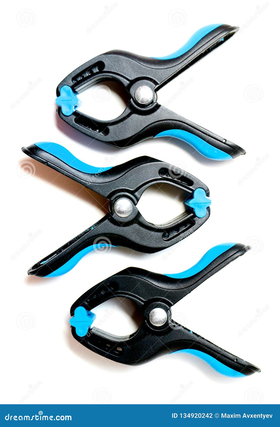 Three Plastic Joinery Clamps on a White Background Stock Photo - Image ...