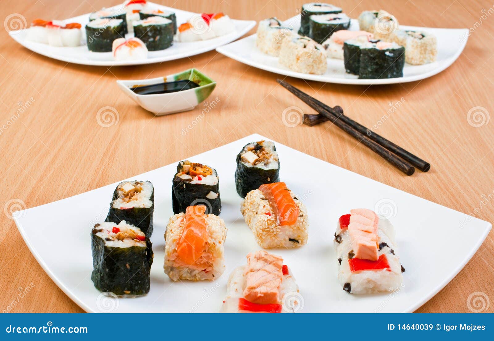 Three plates of sushi stock image. Image of black, healthy - 14640039