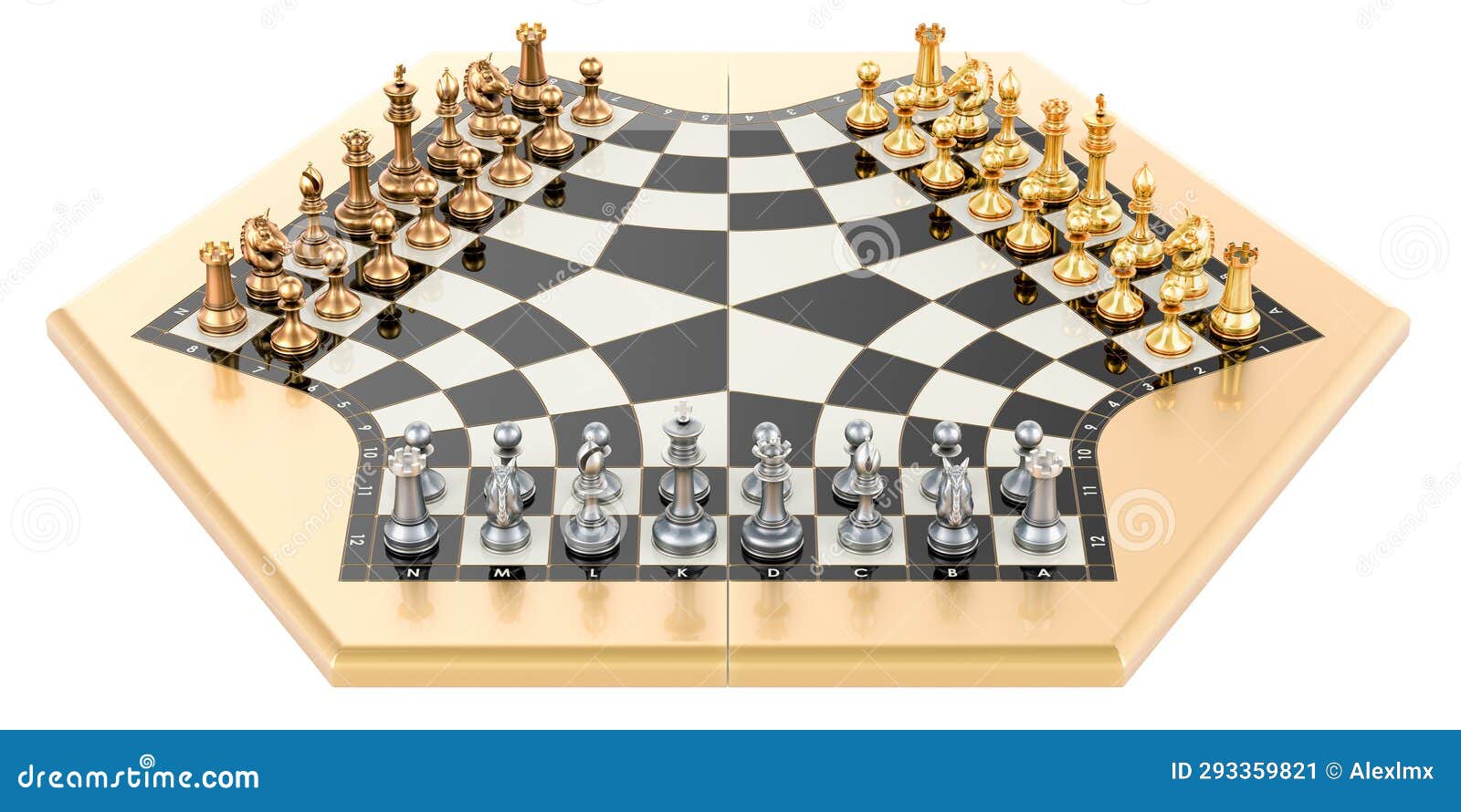 Three Player Chess Set with Metallic Chess Figures. 3D Rendering Stock ...