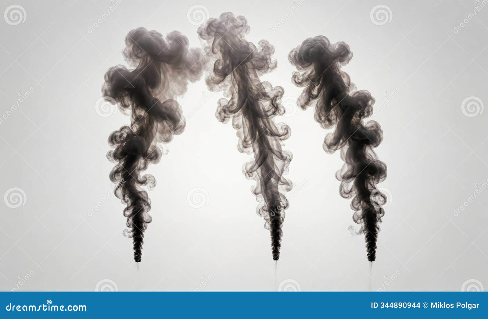 Three Plumes of Dark Smoke Rise Against a White Background Stock ...