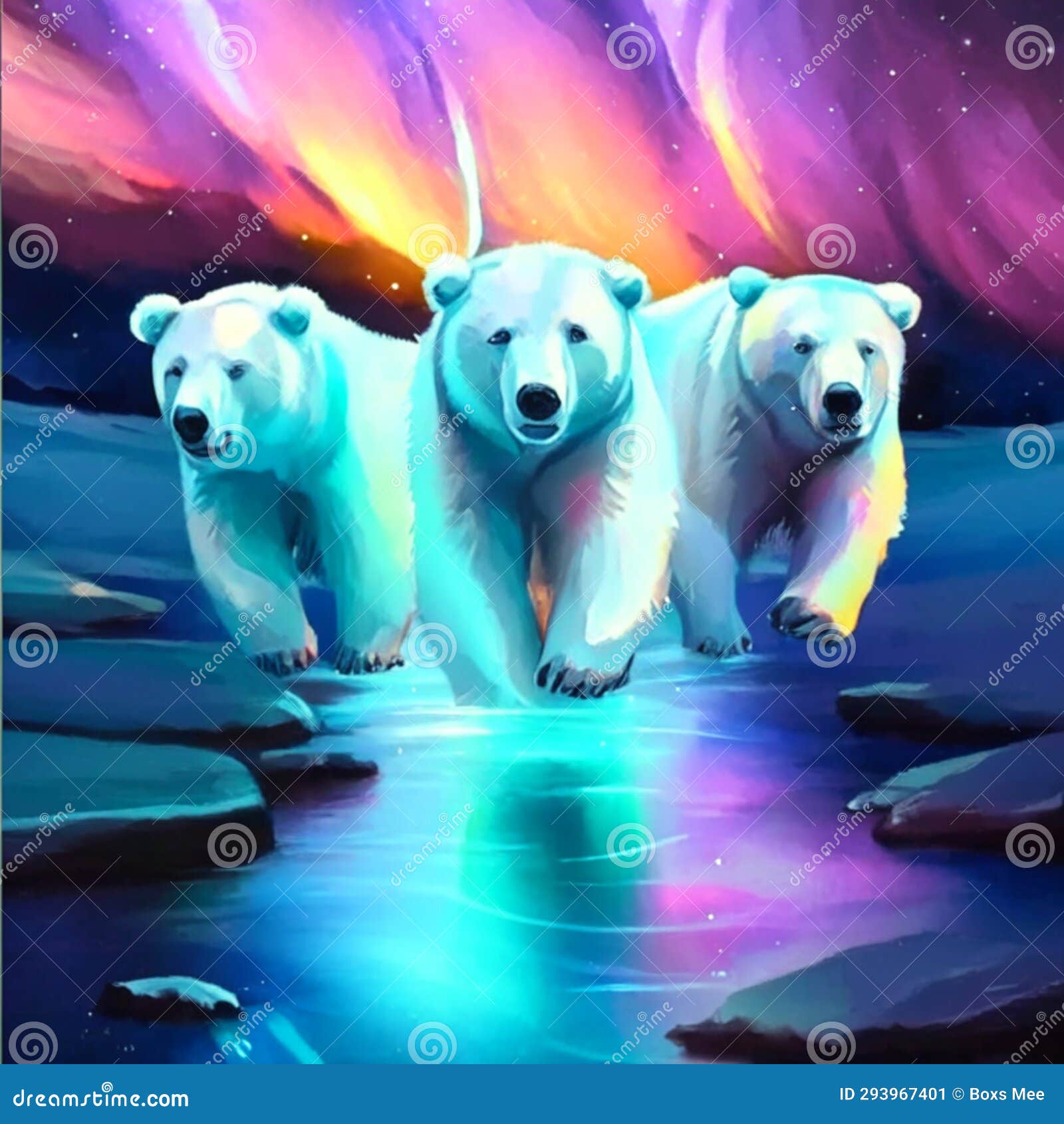 Three Polar Bears on the Background of the Night Sky. Vector ...