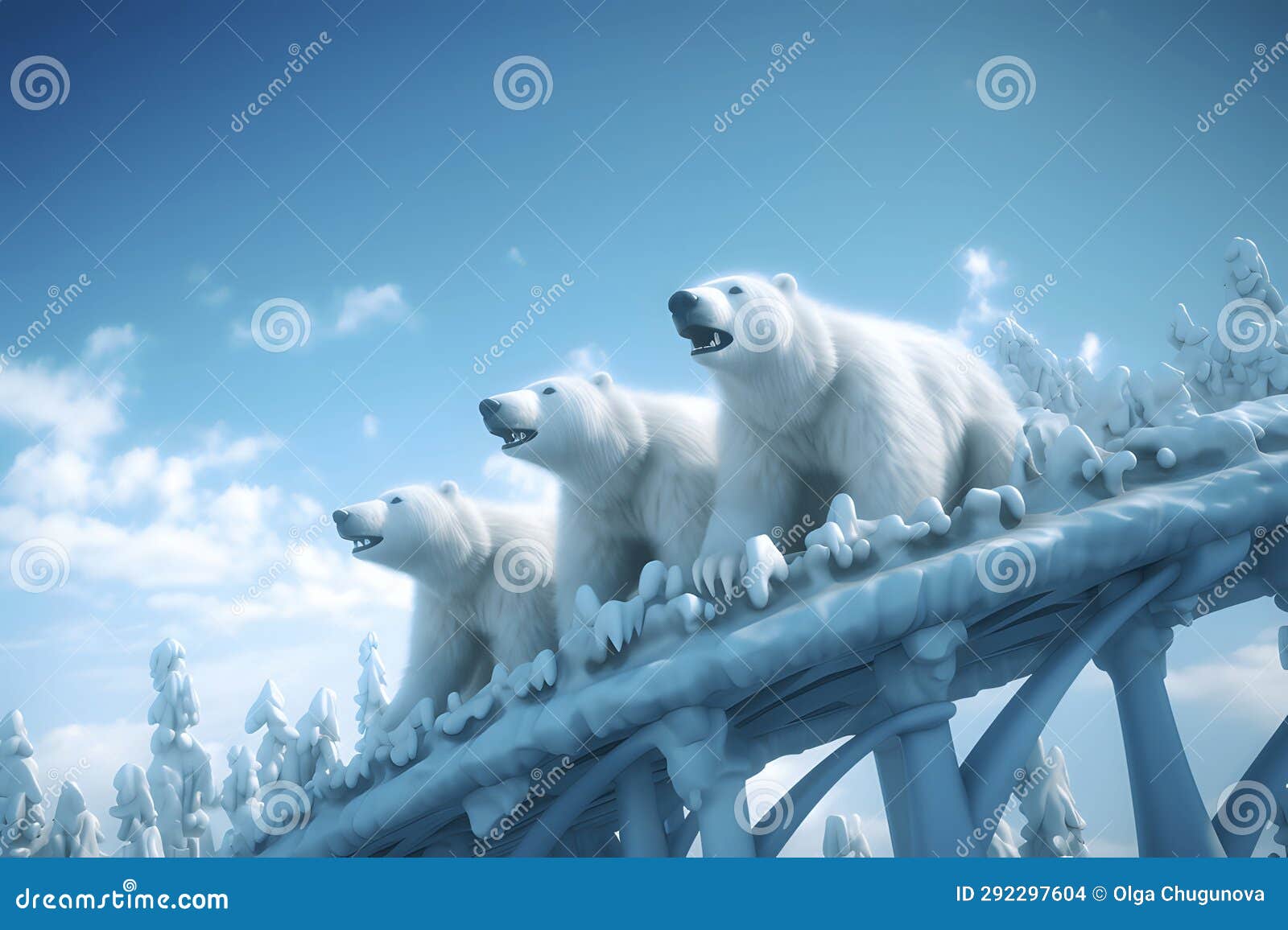 Three Polar Bears Standing on a Railway in a Snowy Forest. Winter ...