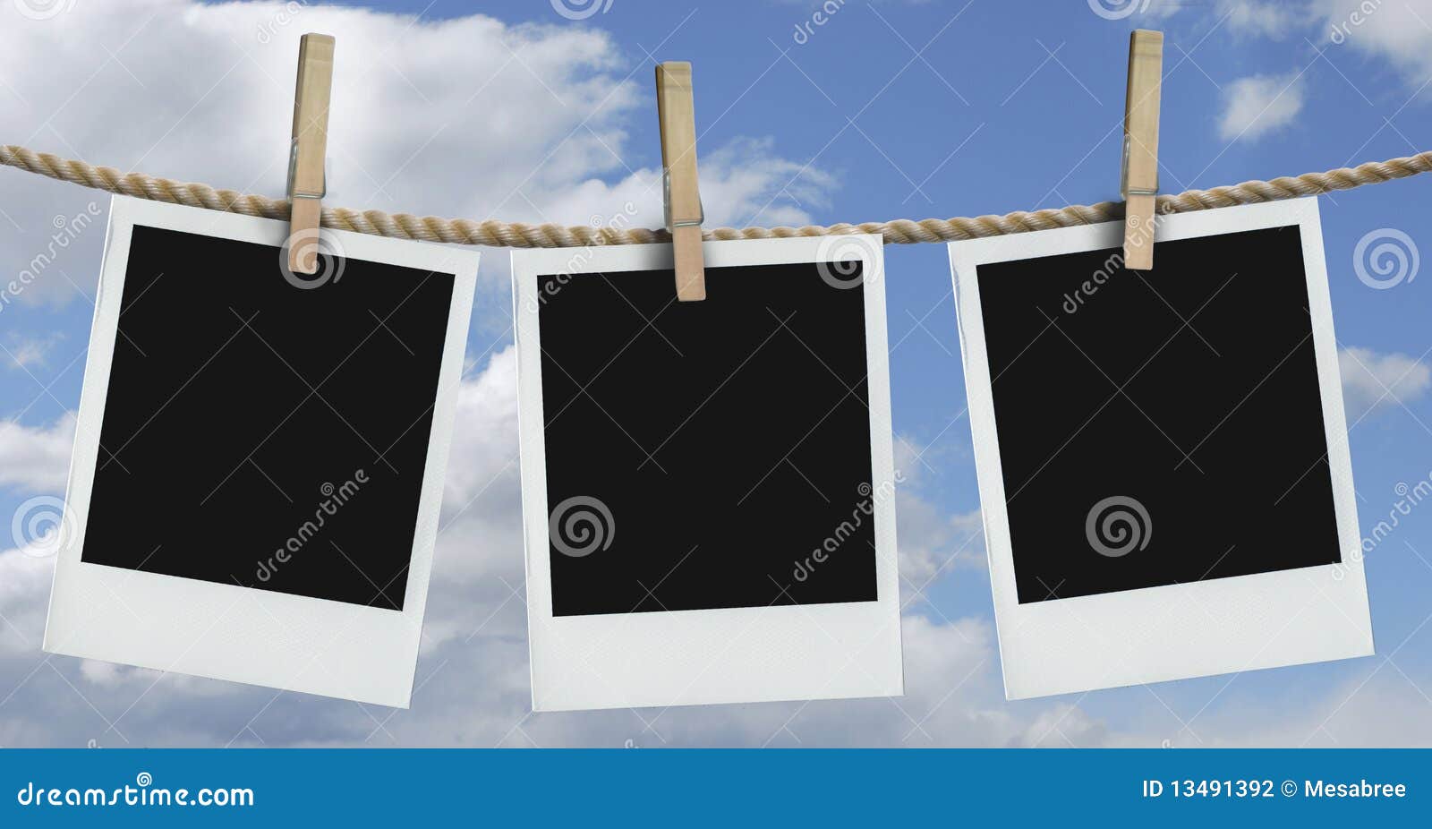 Three Polaroids Hanging with Blue Sky Stock Photo - Image of four ...