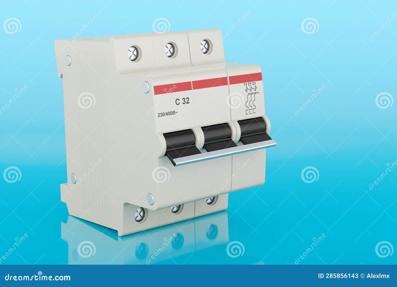 Three-pole Miniature Circuit Breaker on Blue Background, 3D Rendering ...