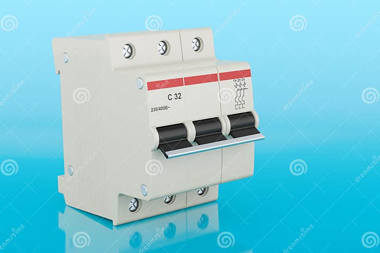 Three-pole Miniature Circuit Breaker on Blue Background, 3D Rendering ...