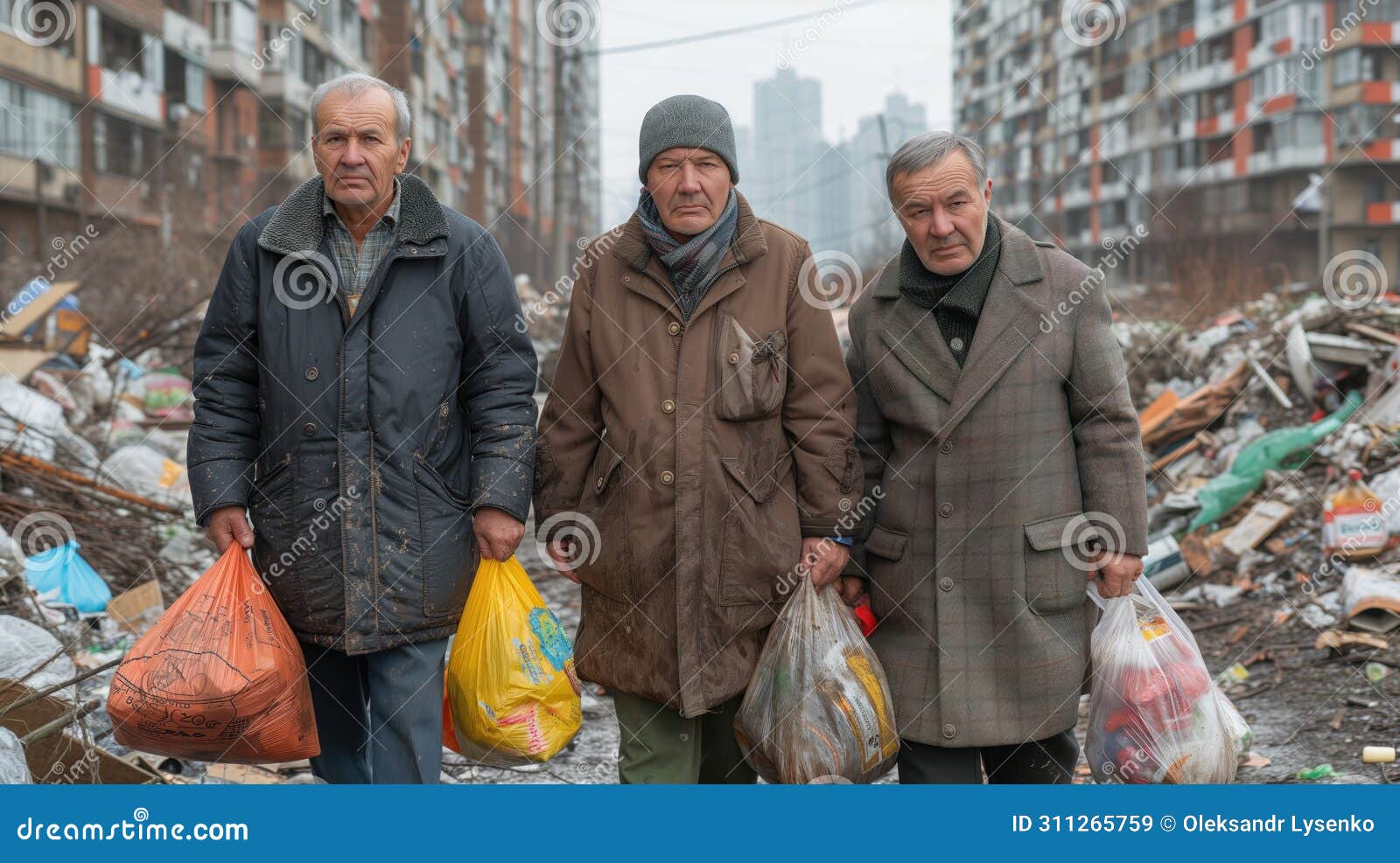 Three Poor Homeless Elderly People Rummaging through the Trash Stock ...
