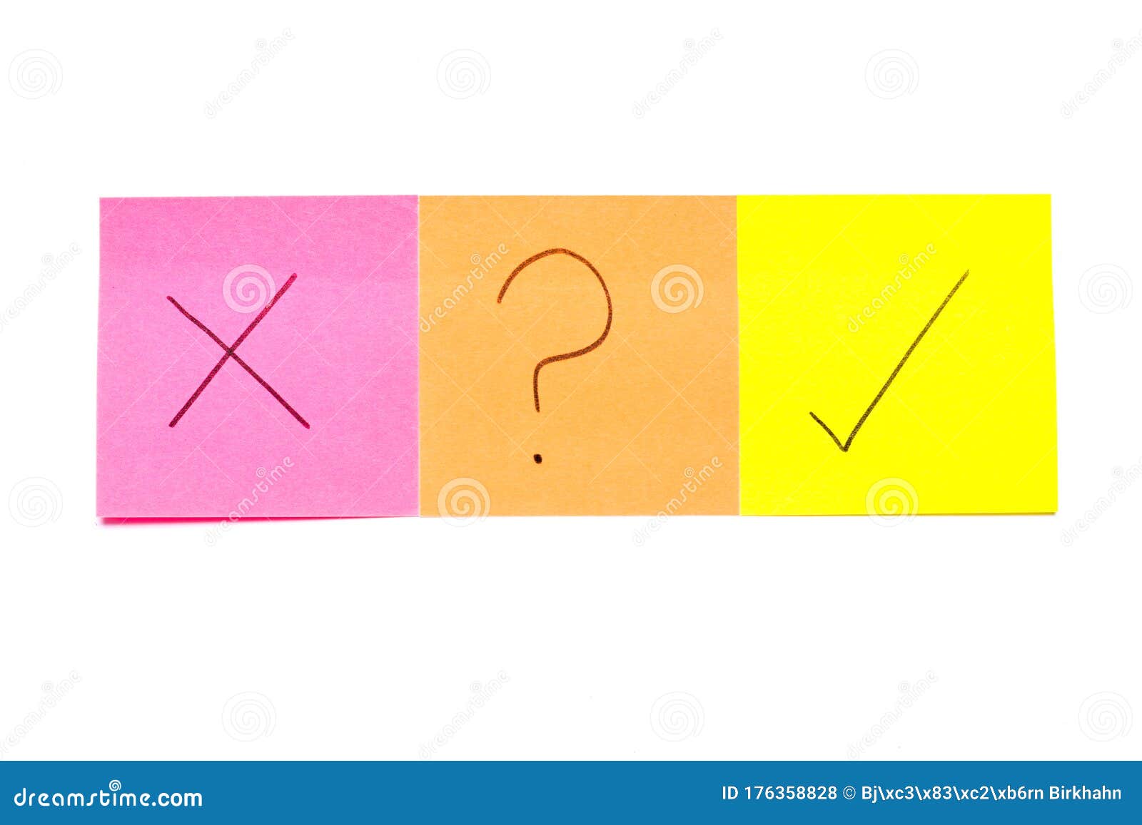 Three Post Its on White Background with a Question Mark Stock Photo ...