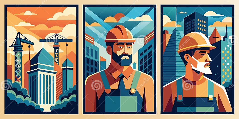 Three Posters of Construction Workers with Hard Hats Stock Vector ...