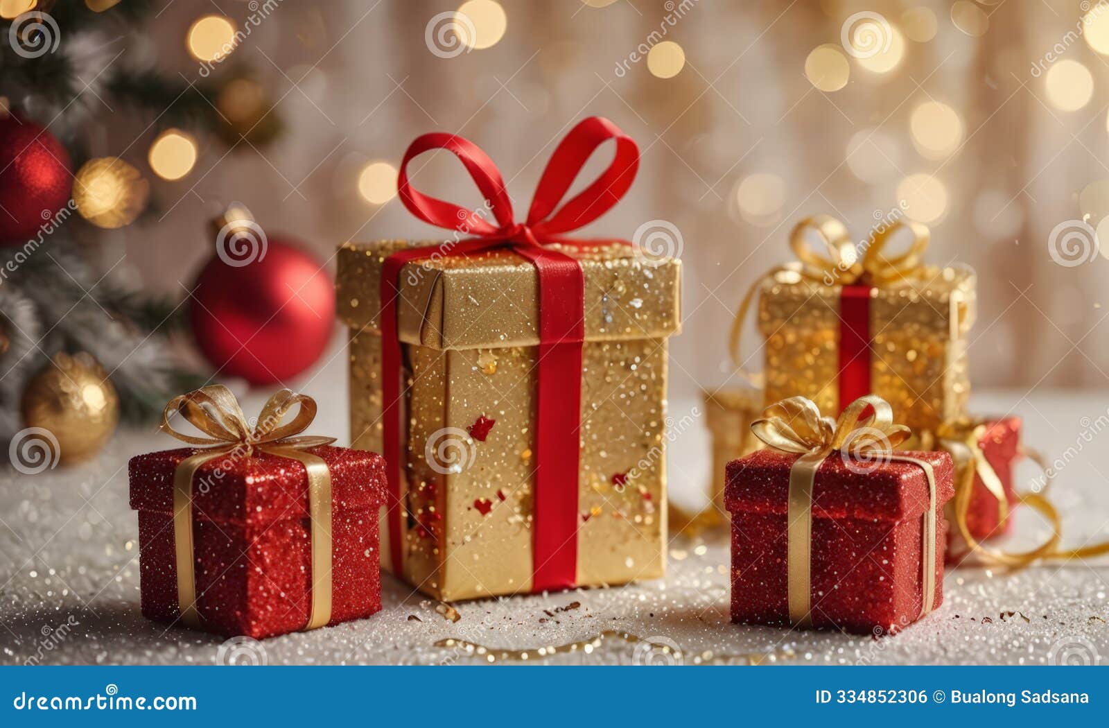 Three Presents with Red and Gold Bows on Table Stock Illustration ...