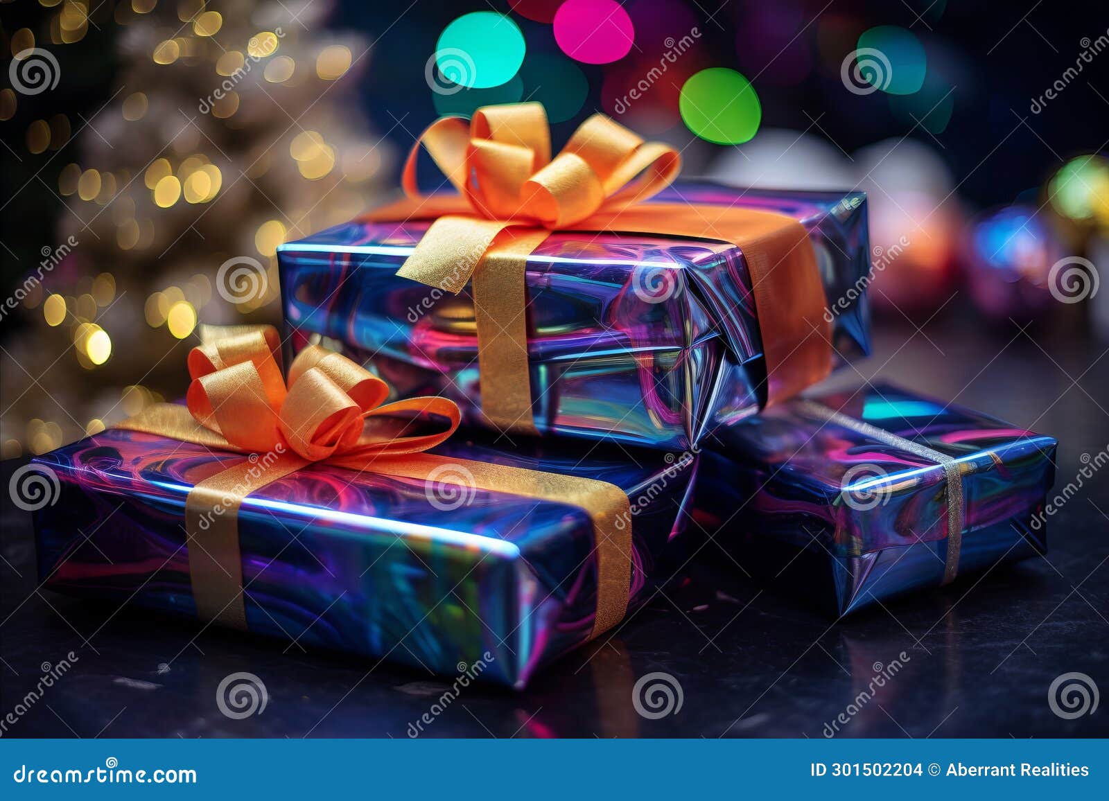 Three Presents Wrapped in Shiny Foil with a Bow on Top Stock ...
