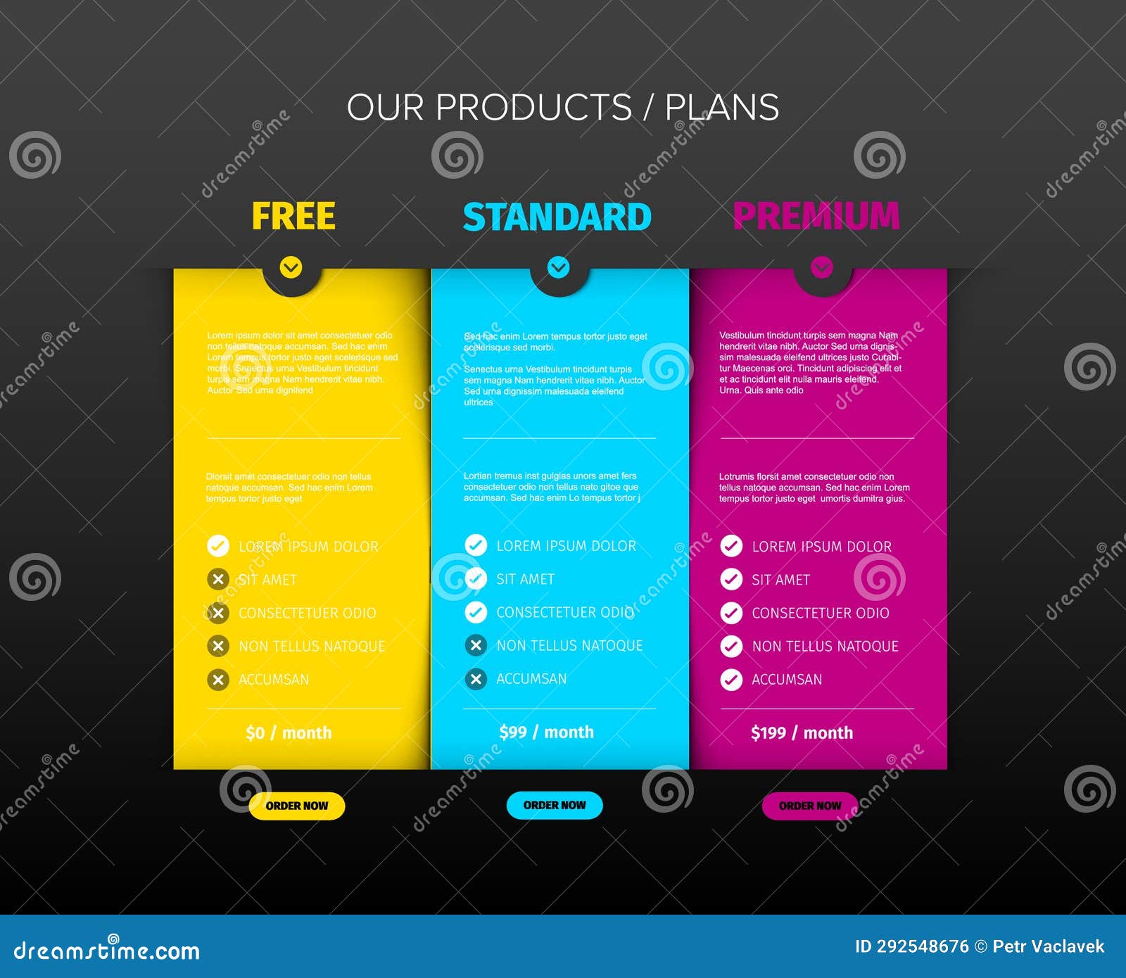 Three Products Cards Features Dark Schema Template with Order Buttons ...