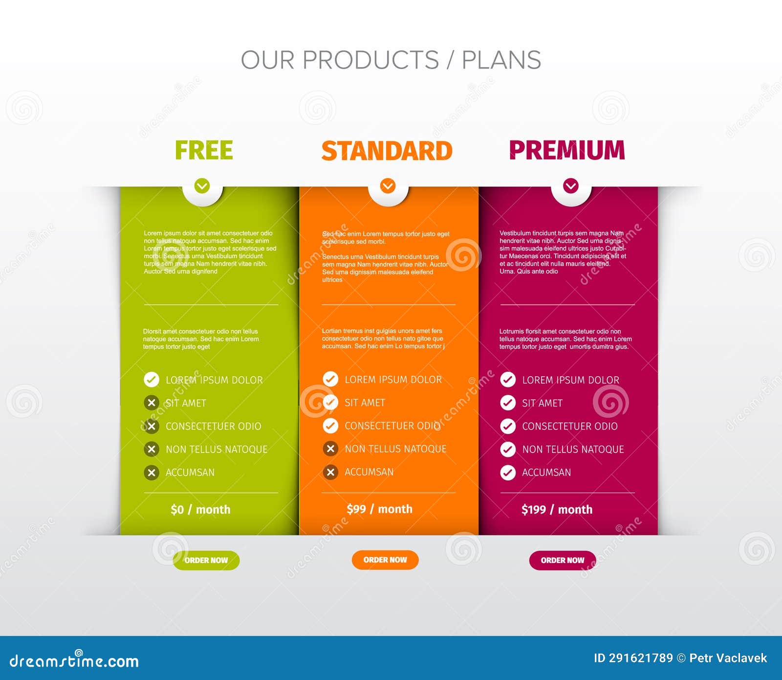 Three Products Cards Features Schema Template with Order Buttons Stock ...